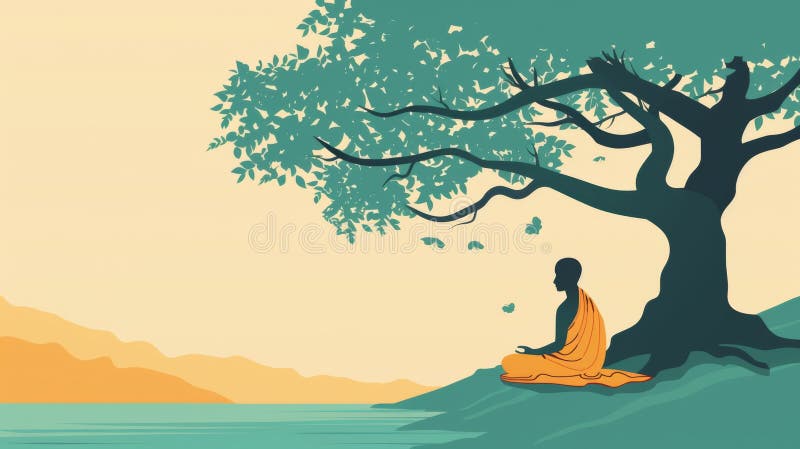 Serene Meditation by the Lake Under a Majestic Tree at Sunset Stock ...