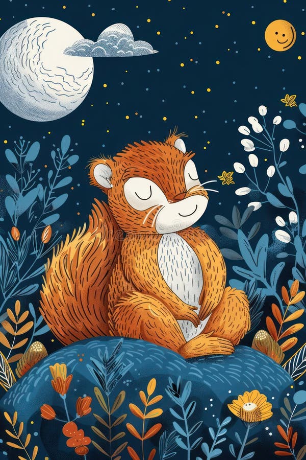 Peaceful Nighttime Squirrel in Blooming Garden Stock Illustration ...