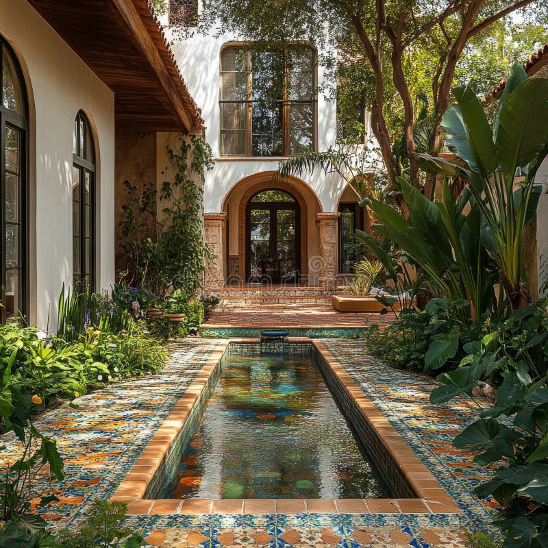 Mediterranean Courtyard with Pool and Tile Pathway Stock Photo - Image ...