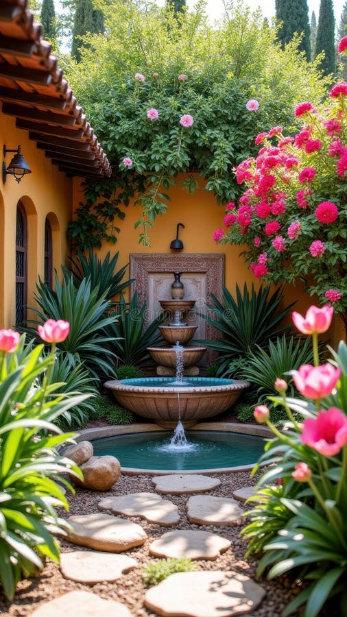 Serene Mediterranean Garden with Stone Fountain and Blooming Flowers ...