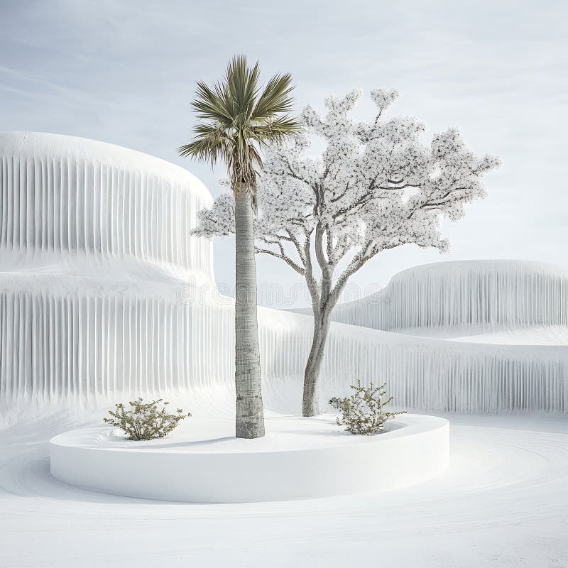 Serene Minimalist Architecture Palm and Flowering Tree in White Modern ...