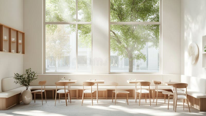 Serene Minimalist Coffee Shop Interior with Large Windows and Natural ...