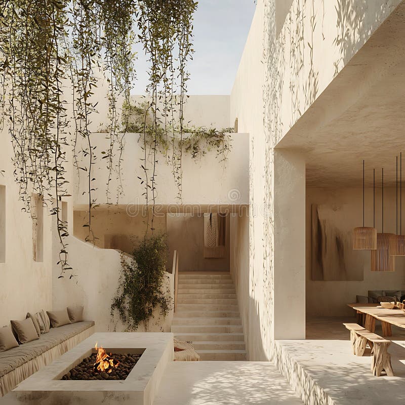 Serene Minimalist Courtyard Modern Architectural Design with Fire Pit ...