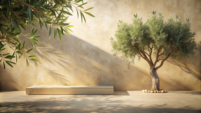 Serene Minimalist Display with Olive Tree and Sunlight Shadows on Beige ...