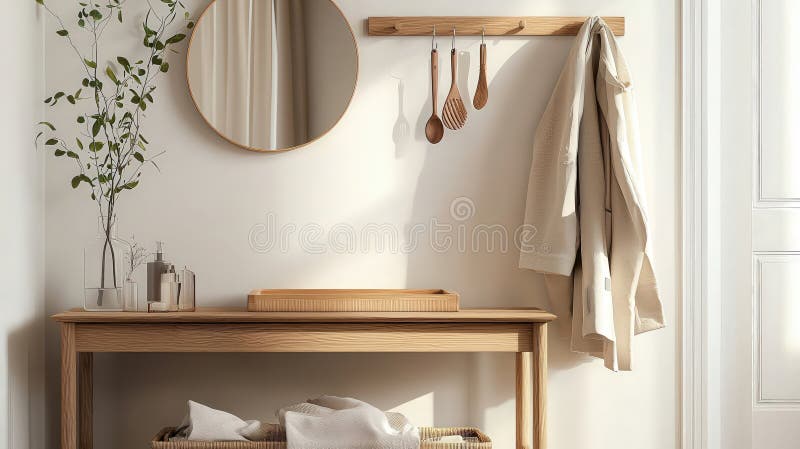 Scandinavian Minimalist Entryway Design with Wooden Console Table Stock ...
