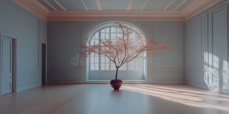 Serene Minimalist Interior Blooming Tree in Elegant Room with Sunlight ...