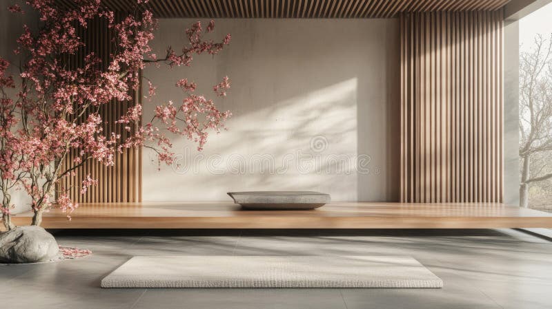 Serene Minimalist Interior Design with Wooden Platform and Sunlight ...