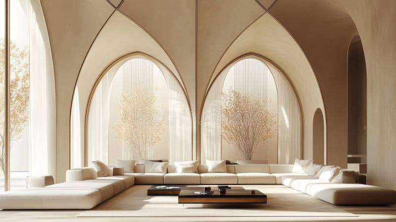 Serene Minimalist Interior with Elegant Arches and Natural Light Stock ...