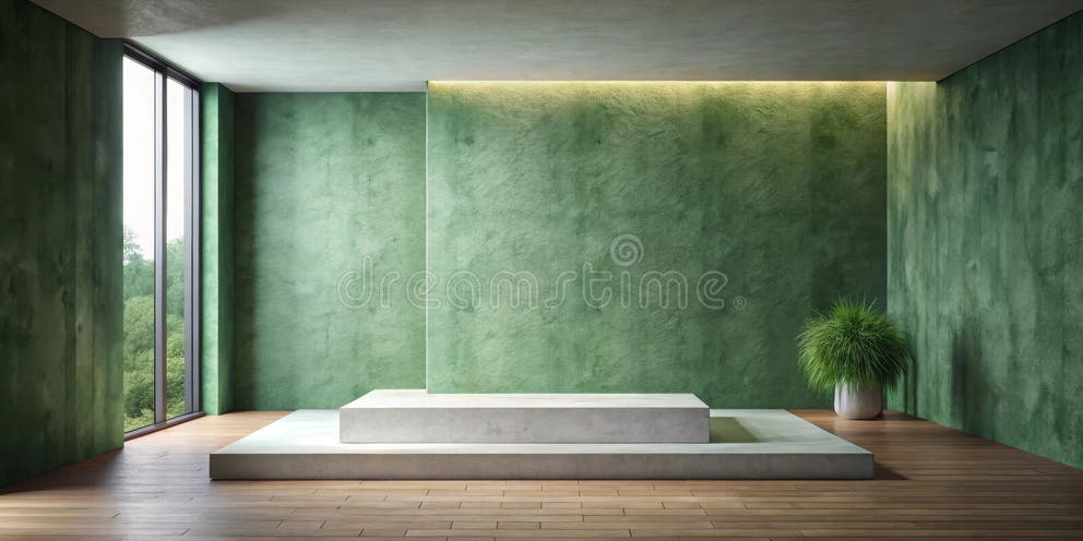 Serene Minimalist Interior with Elevated Display Platform and Greenery ...