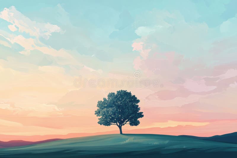 Serene Minimalist Landscape with Lone Tree, Pastel Sky, Soft Gradients ...