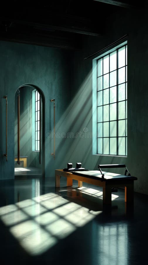 Serene Minimalist Pilates Studio with Dramatic Lighting, Featuring ...