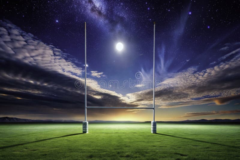 Serene Minimalist Rugby Field at Night: Illuminated Goalposts Against a ...