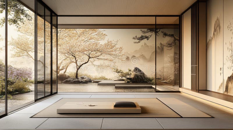 Serene Minimalist Zen Garden Room Interior Design Stock Illustration ...