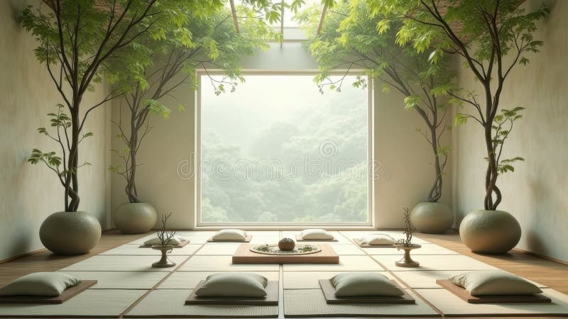 Serene Minimalist Zen Room with Indoor Trees and Cushions Stock Image ...