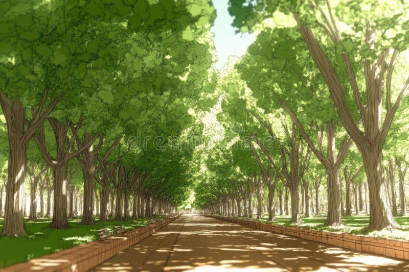 Serene Minimalistic Illustration of a Tree-lined Pathway in Sunlight ...