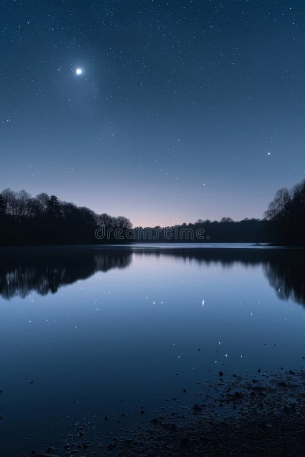 A Serene, Minimalistic Moonlit Night Sky Over a Calm, Reflective Lake ...