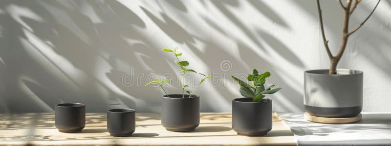 Minimalistic Arrangement Small Potted Plants Shadows Stock Photos ...