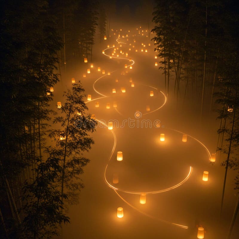 A Serene, Mist-covered Path Lined with Glowing Lanterns Meanders ...