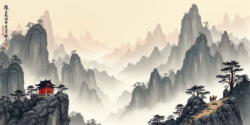 Mystical Chinese Landscape with Temple and Mist Stock Illustration ...