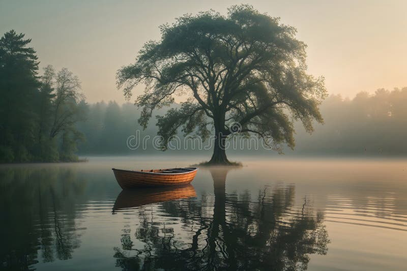A Serene and Misty Scene on a Lake at Dawn or Dusk Stock Illustration ...