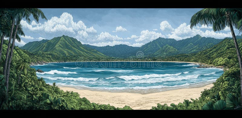 A Serene Moana Setting with a Beach, a Green Tree, Blue Sky, and White ...