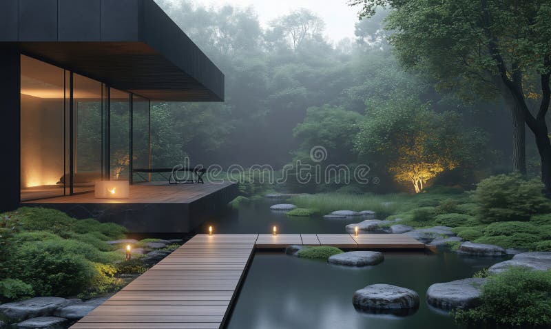 Serene Modern Architecture Tranquil Garden Setting Misty Atmosphere Stock Photos - Free ...
