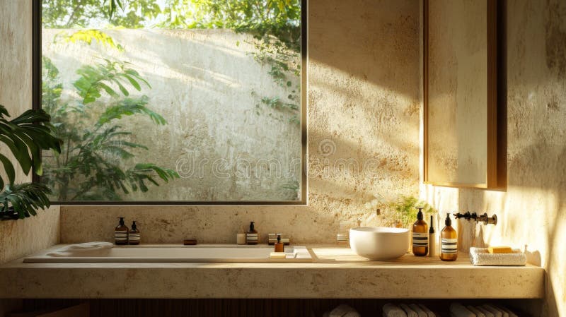 Serene Modern Bathroom with Natural Light and Greenery Stock ...