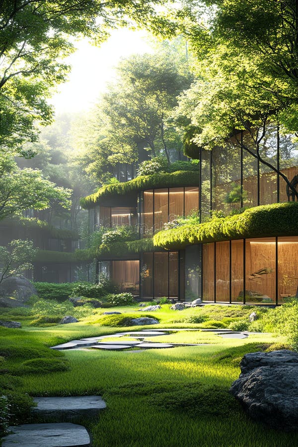 A Serene Modern Building Surrounded by Lush Greenery and Natural Light ...