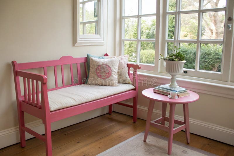 Pink Bench with Cushion in Light Room with Window Stock Illustration ...