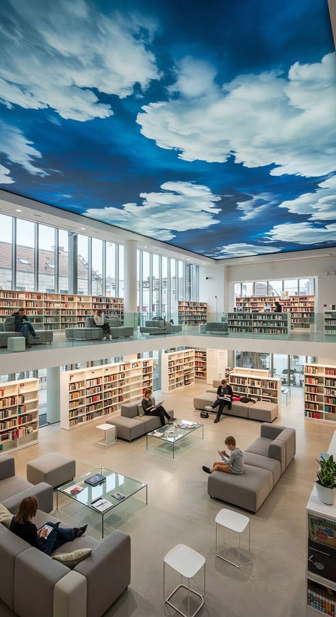 Modern Library Interior with Readers and Books Stock Illustration - Illustration of contemporary ...