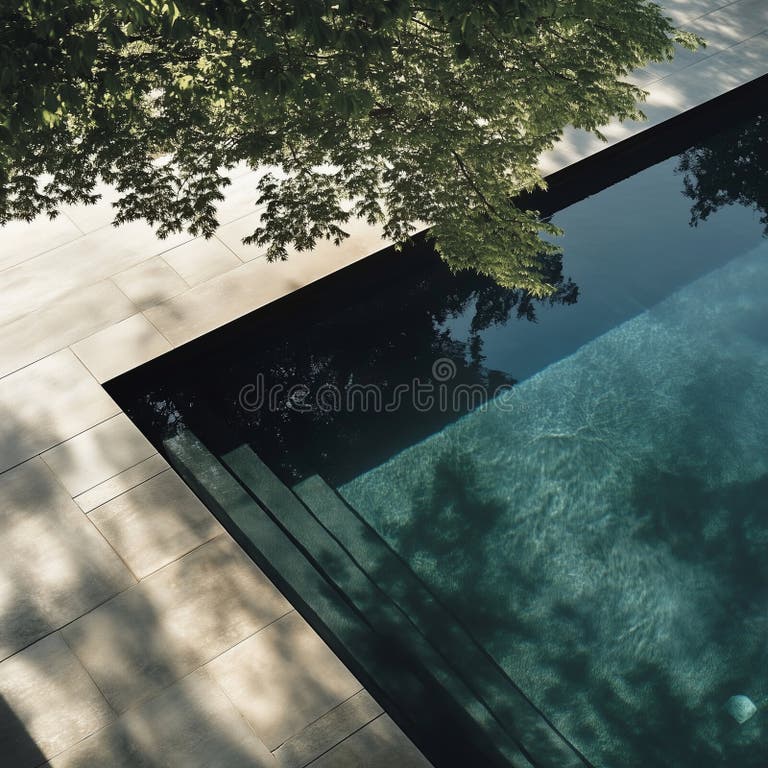 Serene Modern Pool with Sunlit Patterns and Tree Reflection Stock Photo ...