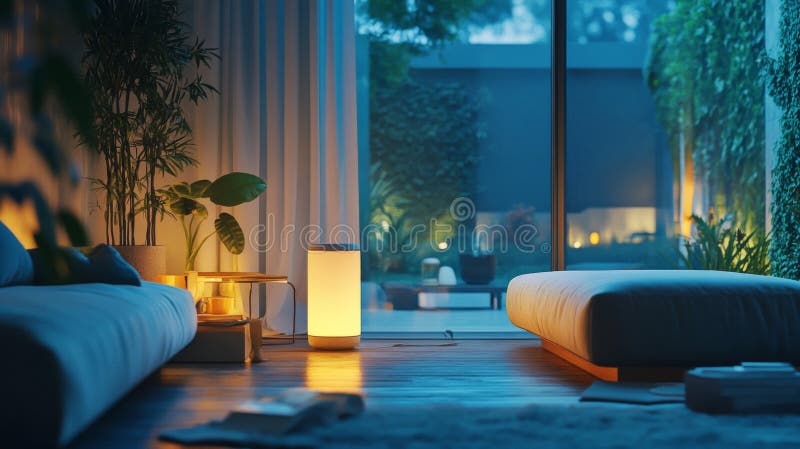 Serene Modern Room Interior at Night with Garden View Stock ...