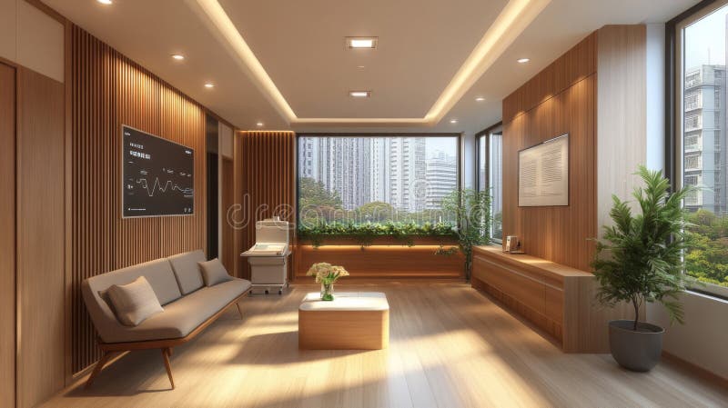 Serene Modern Waiting Room with City View and Natural Light Stock ...