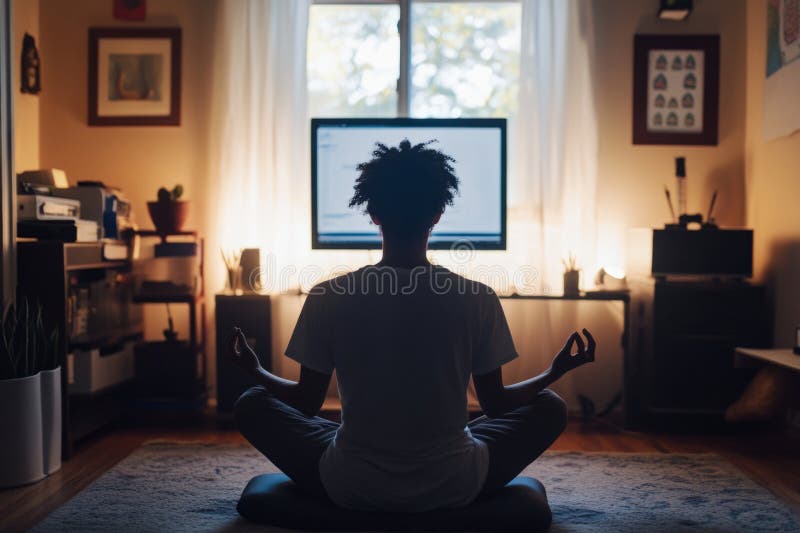 A Serene Moment of Meditation in Front of a Computer Screen. the Room ...