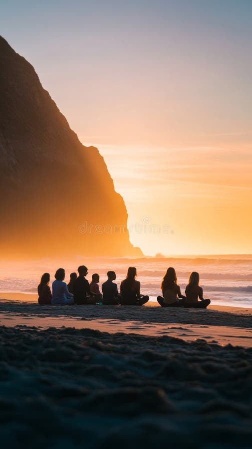 A Serene Moment at Sunset. a Group of People Meditates on the Beach ...