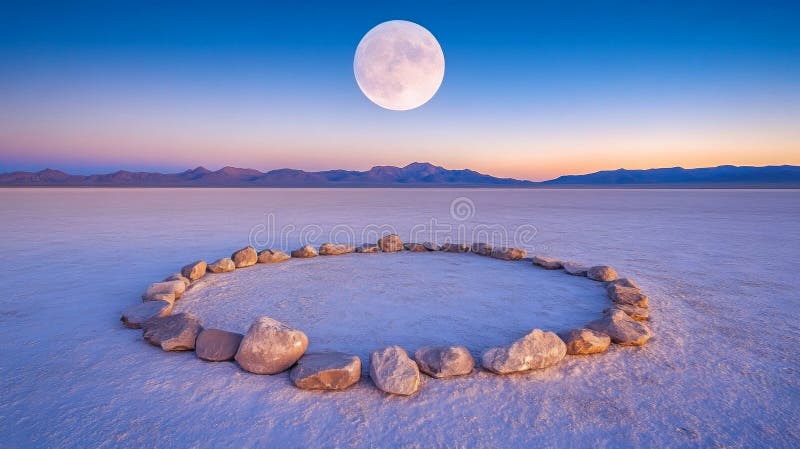 A Serene Moment Under the Full Moon Over a Salt Flat with a Stone ...