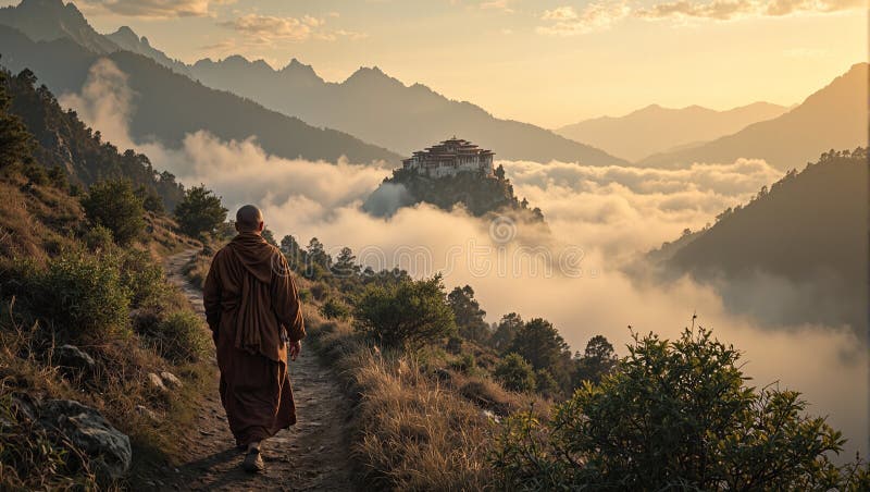 Serene Monk Walking Misty Mountain Path Monastery in Distance Stock ...