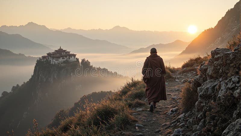 Serene Monk Walking Misty Mountain Path Monastery in Distance Stock ...