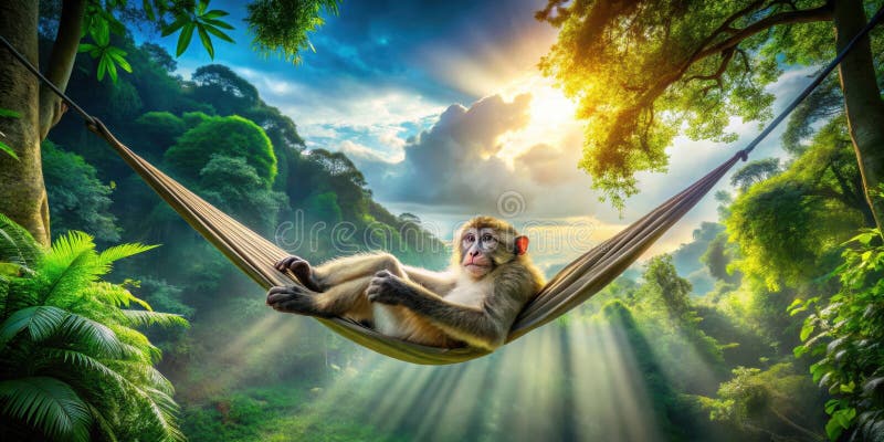 Serene Monkey Relaxing in a Hammock Suspended between Lush Rainforest ...