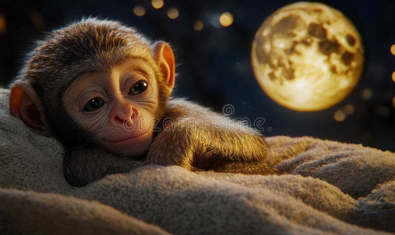 Serene Monkey Under Moonlit Night Sky Stock Image - Image of moon ...