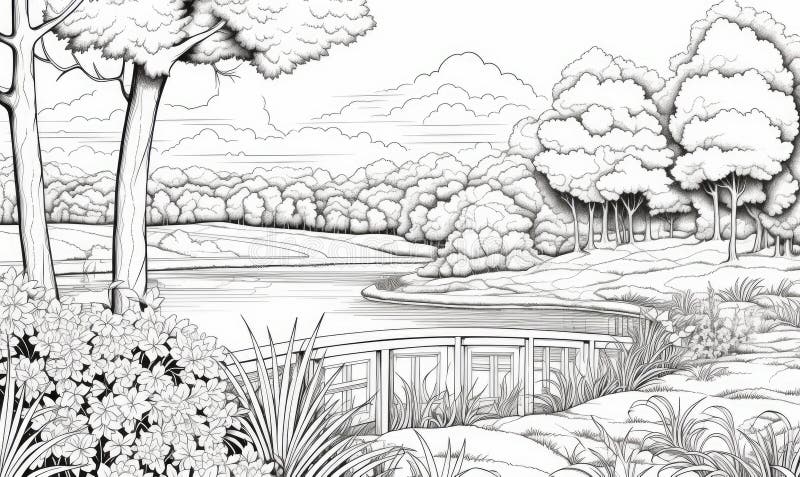 A Black and White Drawing of a Landscape Stock Illustration ...