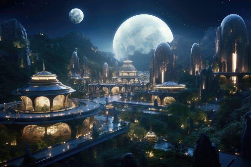 Serene Moon Colony with Glass Domes and Lunar Gardens Stock Photo ...