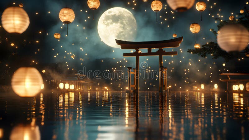 Serene Moon Gate Illuminated by Lanterns, Reflecting on Water Under ...