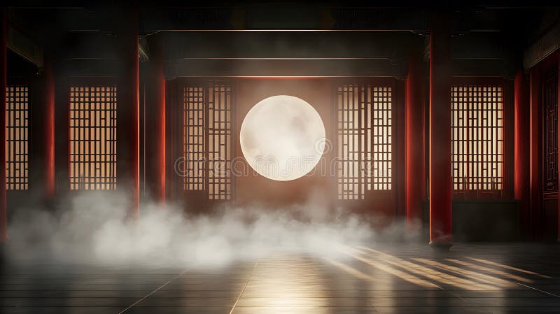 Serene Moon Gate Illuminated by Soft Light and Mist, Creating Tranquil ...