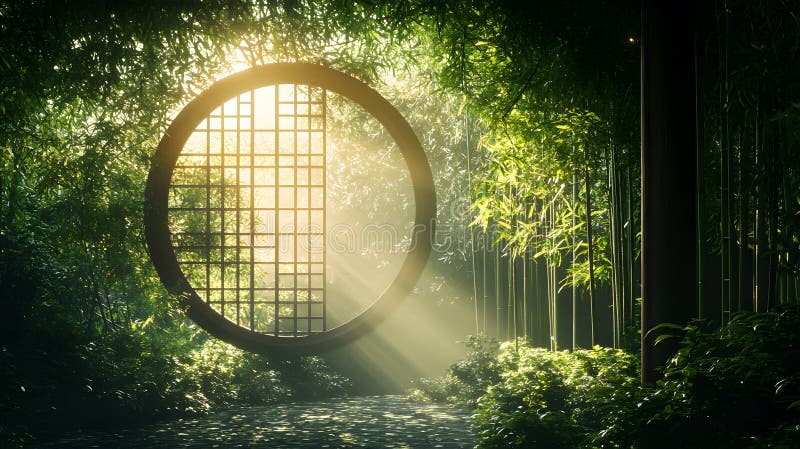 Serene Moon Gate Surrounded by Lush Bamboo Forest, Sunlight Streaming ...