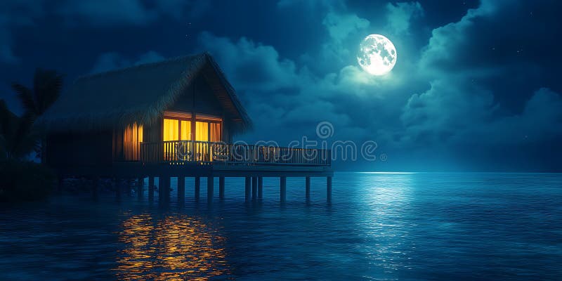 Serene Moonlight Overwater Bungalow Tropical Night Scene Stock ...