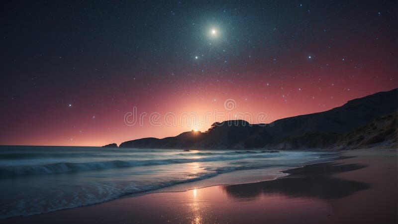 Serene Moonlit Beach with Starry Sky Reflection. Stock Illustration ...