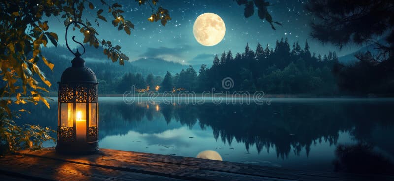 Serene Moonlit Lake with Lantern, Starry Sky, and Forest Reflection ...