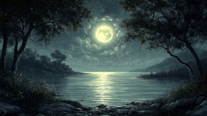 Serene Moonlit Lake Night Scene with Dark Trees Stock Illustration ...