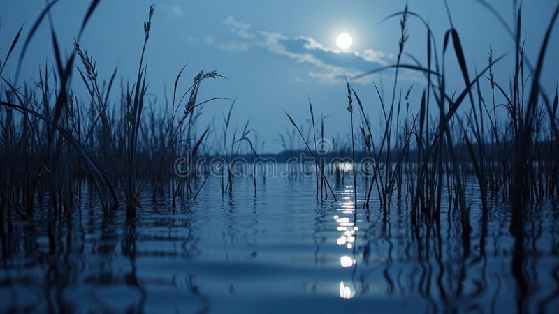 Serene Moonlit Lake Night Reeds Stock Photos - Free & Royalty-Free ...
